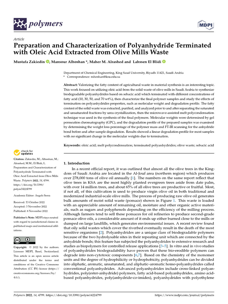 Preparation and Characterization of Polyanhydride Terminated With Oleic ...
