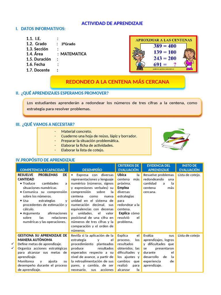 D2 A1 Sesion Mat. Redondeo A La Centena Más Cercana | PDF | Aprendizaje