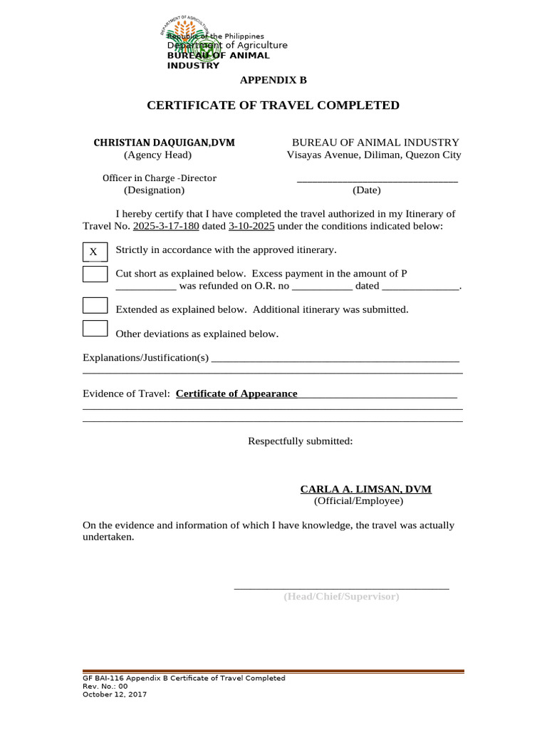 GF BAI-116 Appendix B Certificate of Travel Completed ClLimsan 032125 | PDF