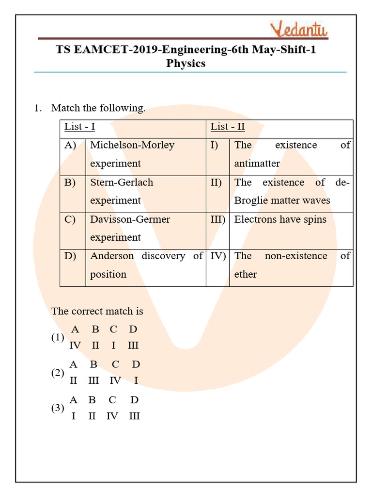 TS EAMCET 2019 Physics Question Paper | PDF | Magnetism | Angular Momentum