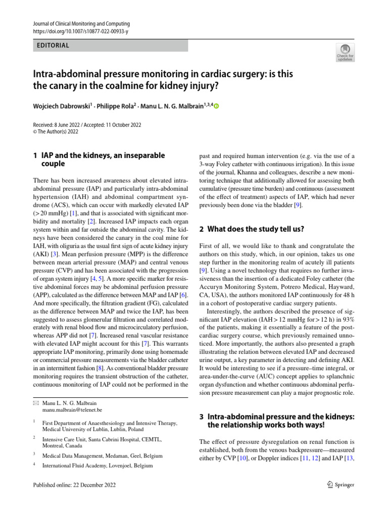 Intra-Abdominal Pressure Monitoring in Cardiac Sur | PDF | Coronary ...