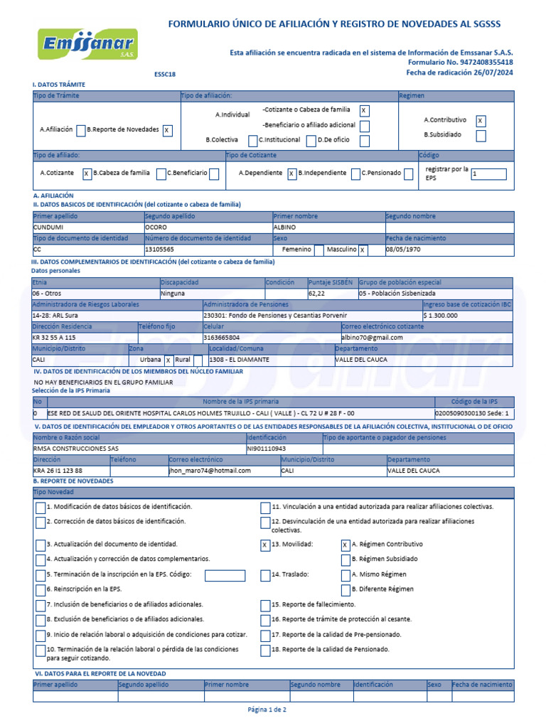 Formulario de Afiliación SGSSS Emssanar | PDF