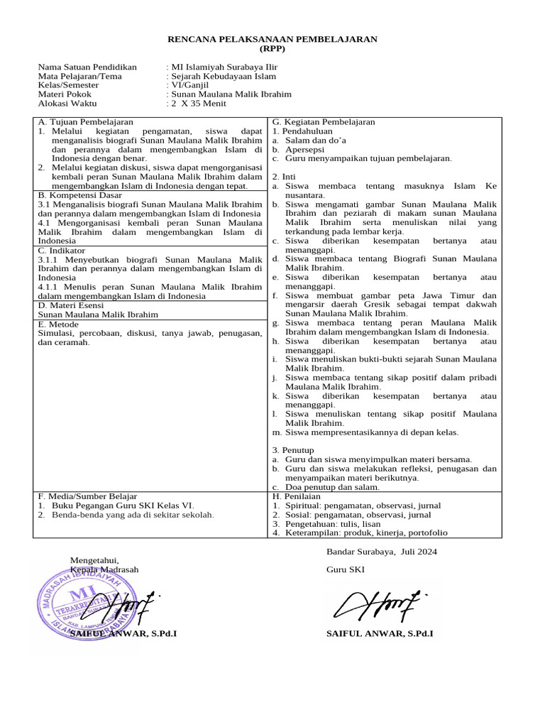 RPP Ski Kelas 6 | PDF