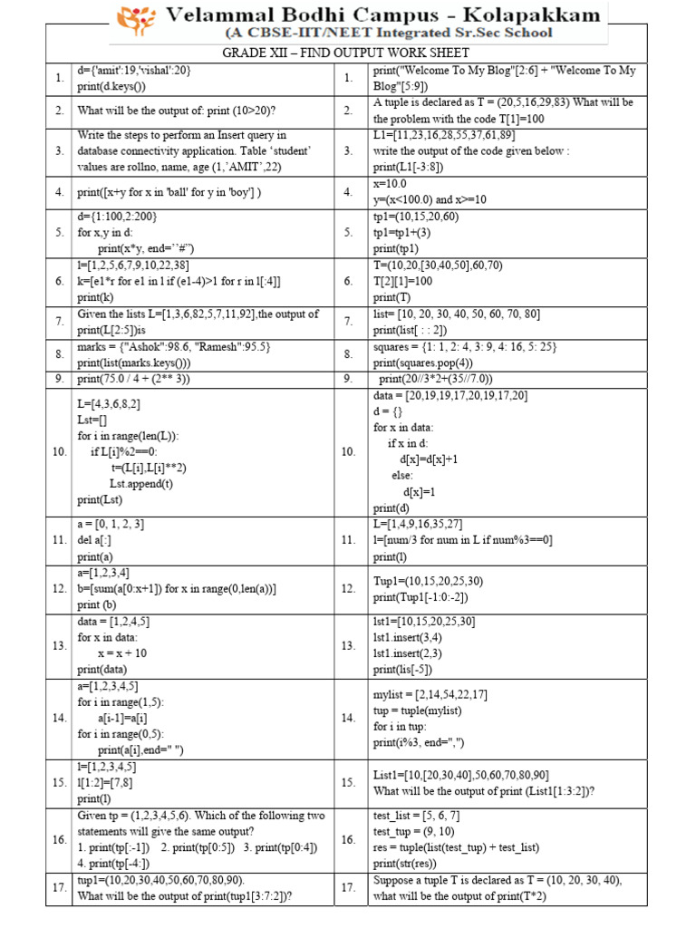 Xii Cs Worksheet - Find Output1 1m | PDF | Computer Programming | Data Management
