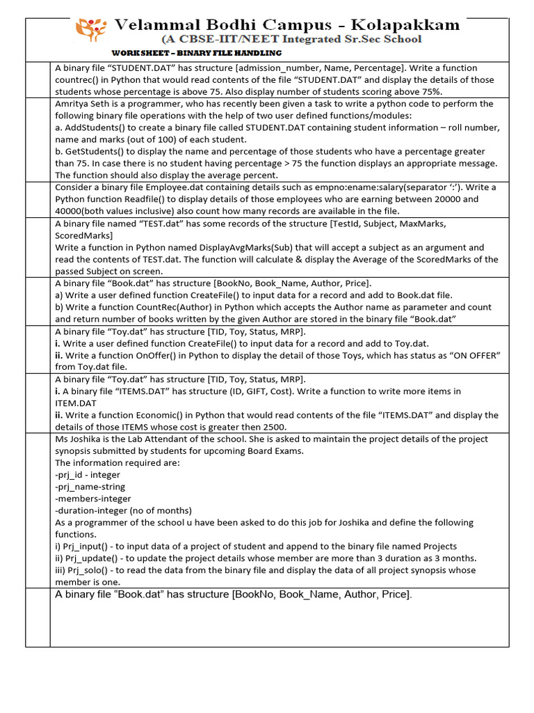Xii Cs Worksheet-Binary File | PDF | Parameter (Computer Programming) | String (Computer Science)
