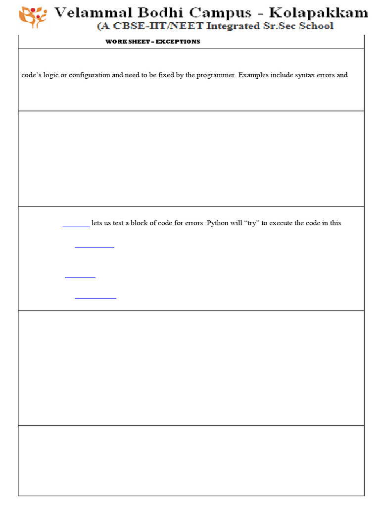 Xii Cs Worksheet-Exceptions | PDF | Computer Program | Programming