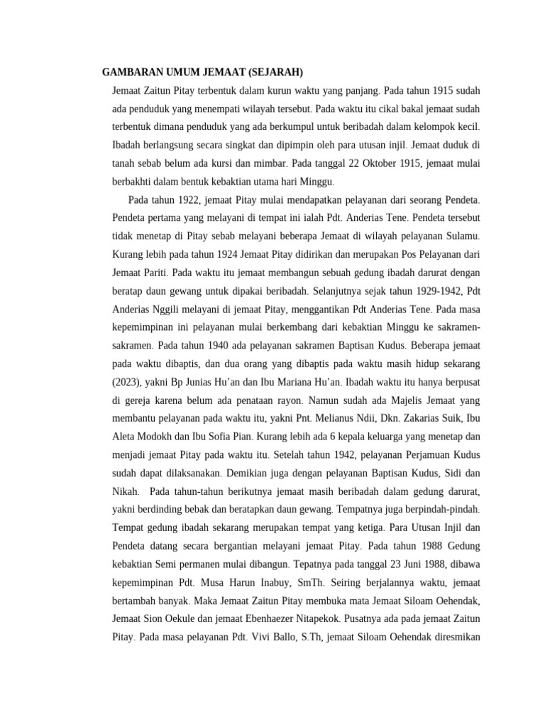 SEJARAH JEMAAT ZAITUN PITAY | PDF