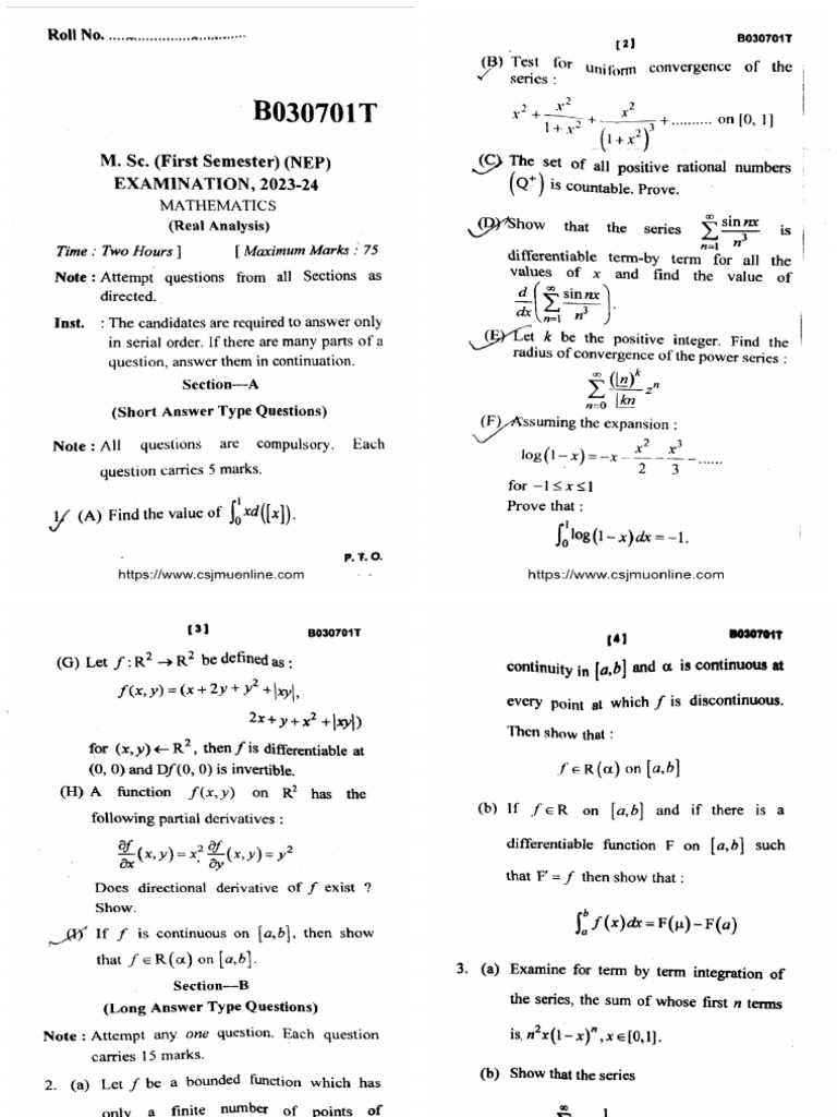 MSC 1 Sem Mathematics Real Analysis b030701t 2024 | PDF