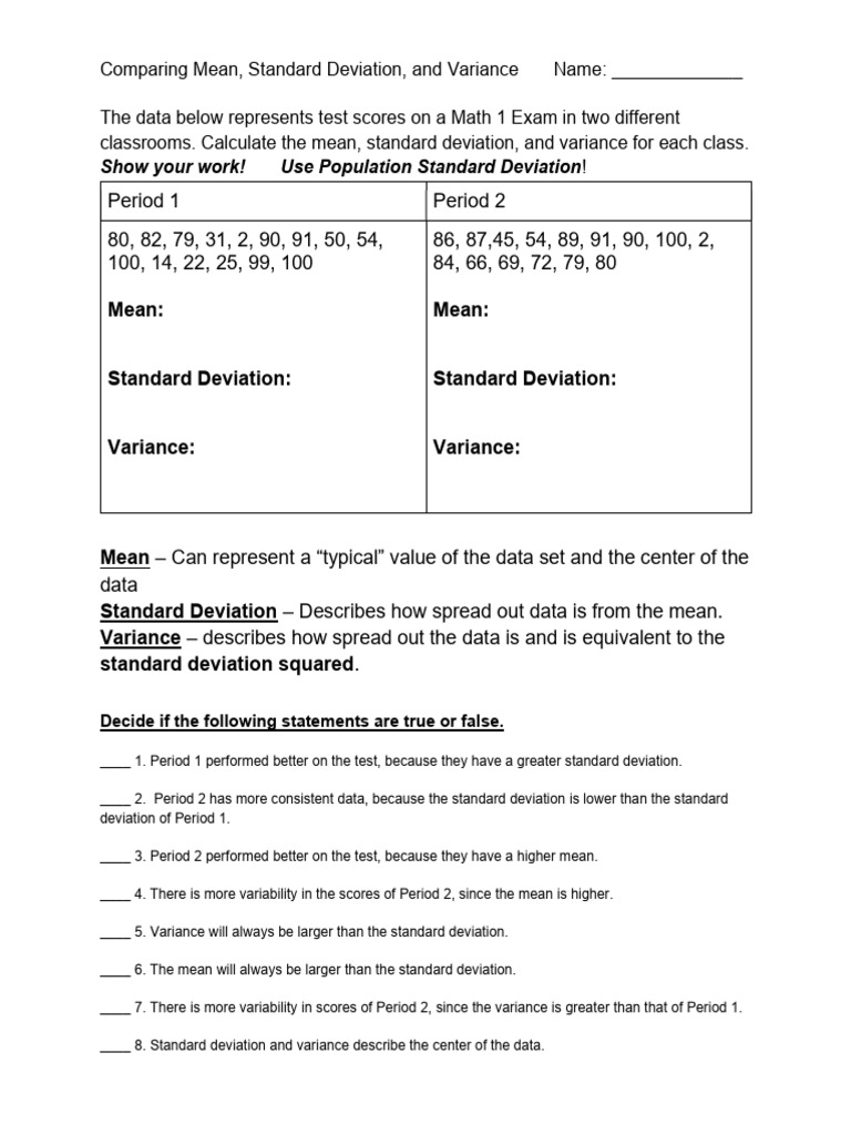 Mean, Std Dev, and Variance Comparison | PDF