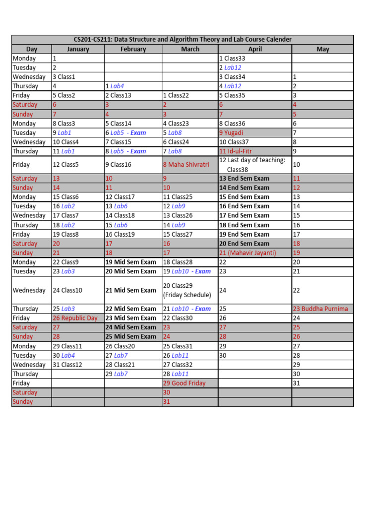 CS201 CS211 DSA Course Calender Jan April2024 | PDF