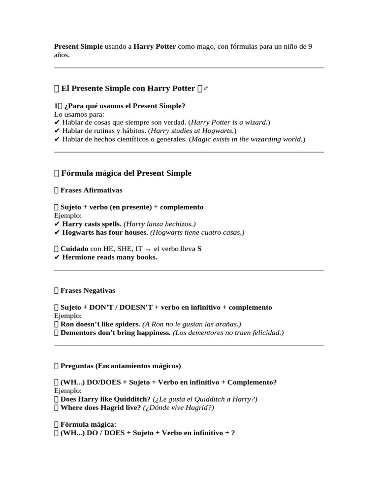 Present Simple con Harry Potter para Niños | PDF