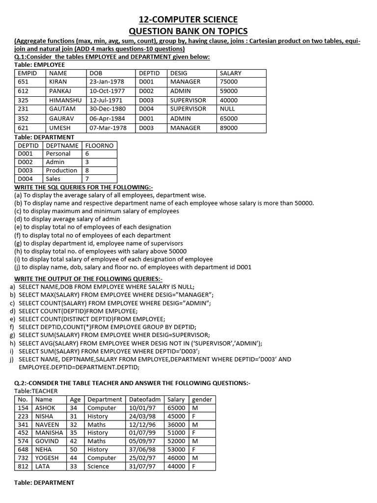 Question Bank-12-Computerscience-Sql - C-Block Indira Nagar | PDF | Software Design | Data Model