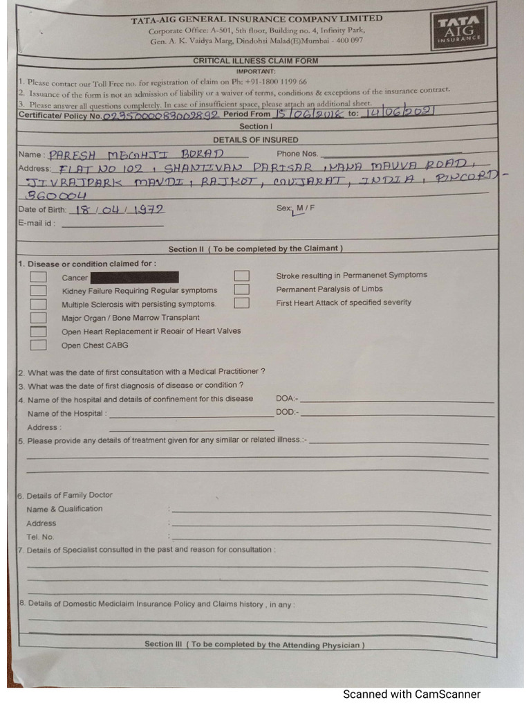 TATA Claim Form | PDF