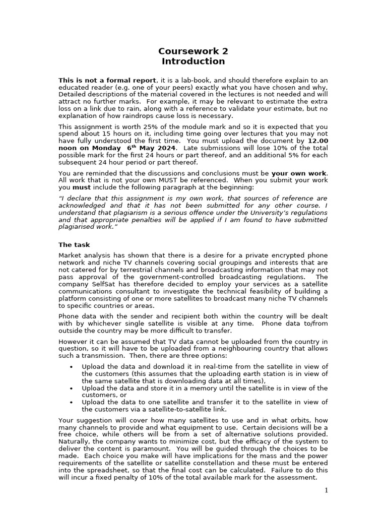 EG7217 Spacecraft Communications Coursework 2 2023 - 24 | PDF | Satellite | Orbit