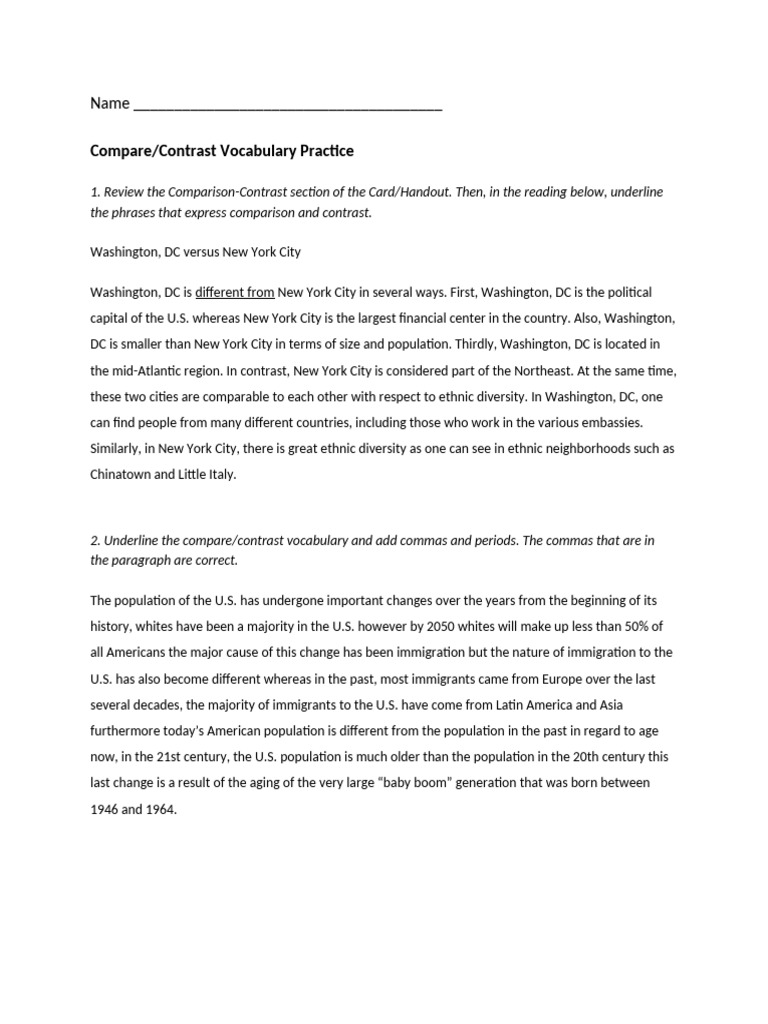 Compare - Contrast Vocabulary Practice | PDF | The United States ...