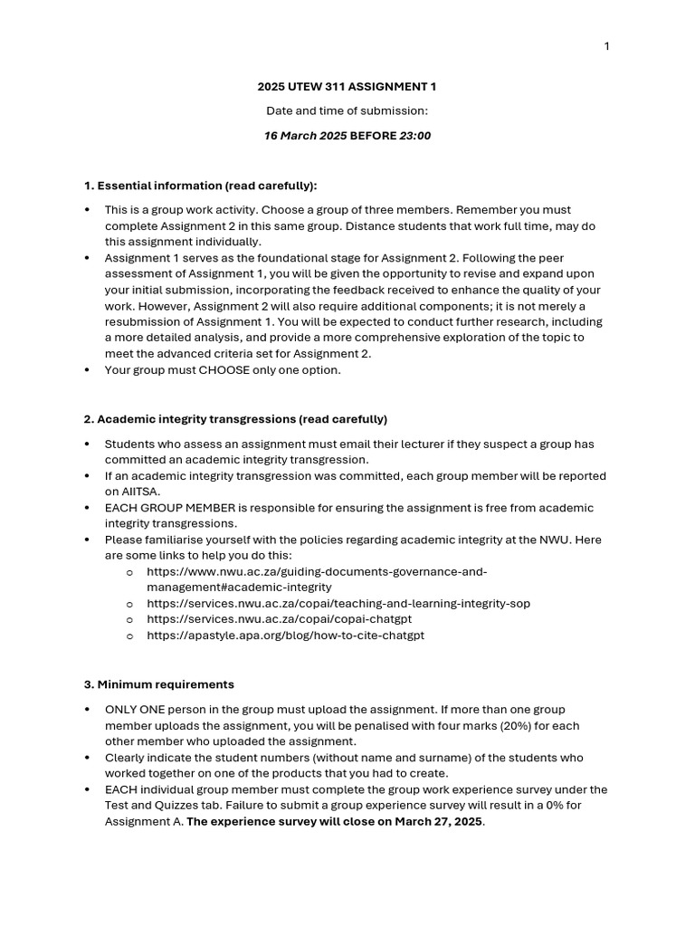 2025 UTEW 311 ASSIGNMENT 1 Av Fin | PDF | Lesson Plan | Thesis