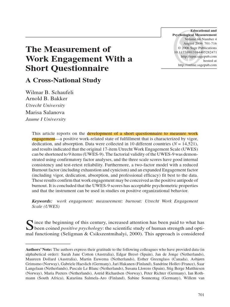 Short Questionnaire for Work Engagement | PDF | Self-Improvement