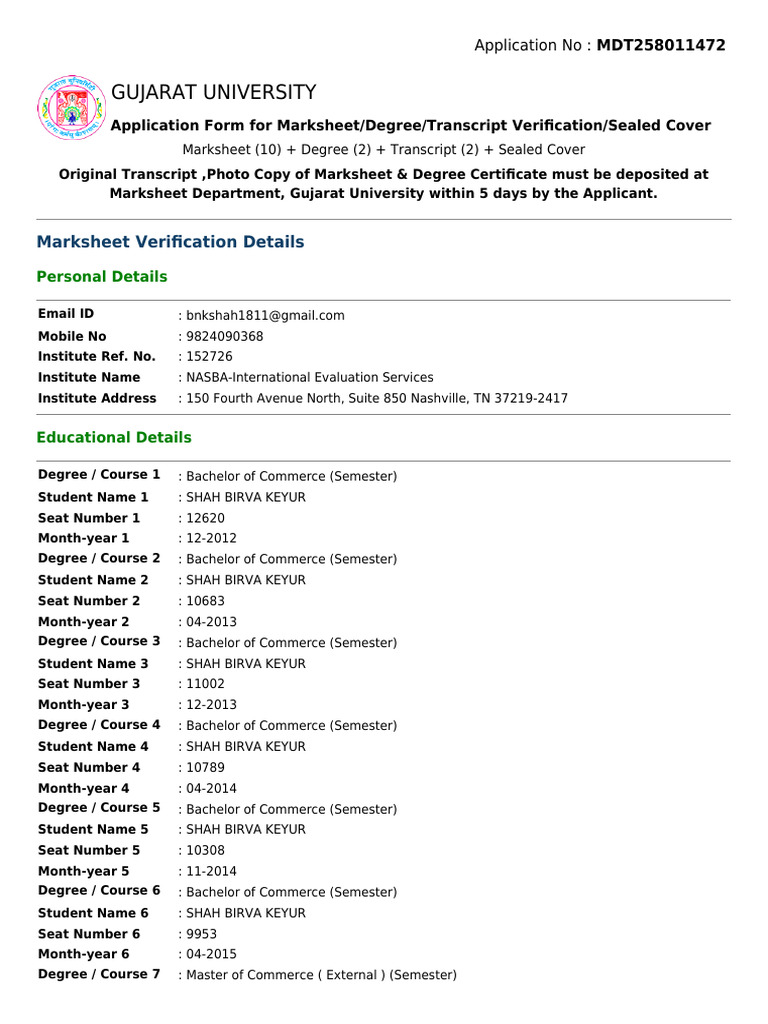 Gujarat University Degree Verification Form | PDF | Educational Stages