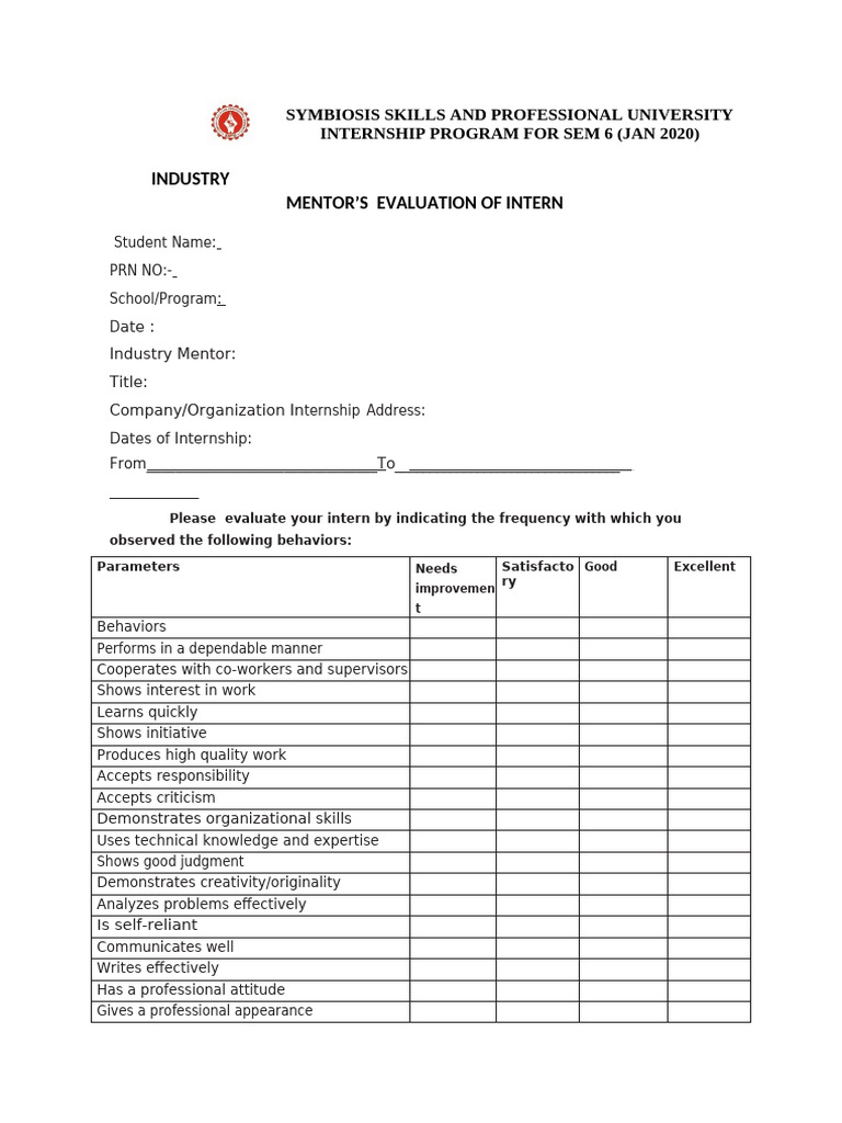 Industry Mentor Feedback Form | PDF