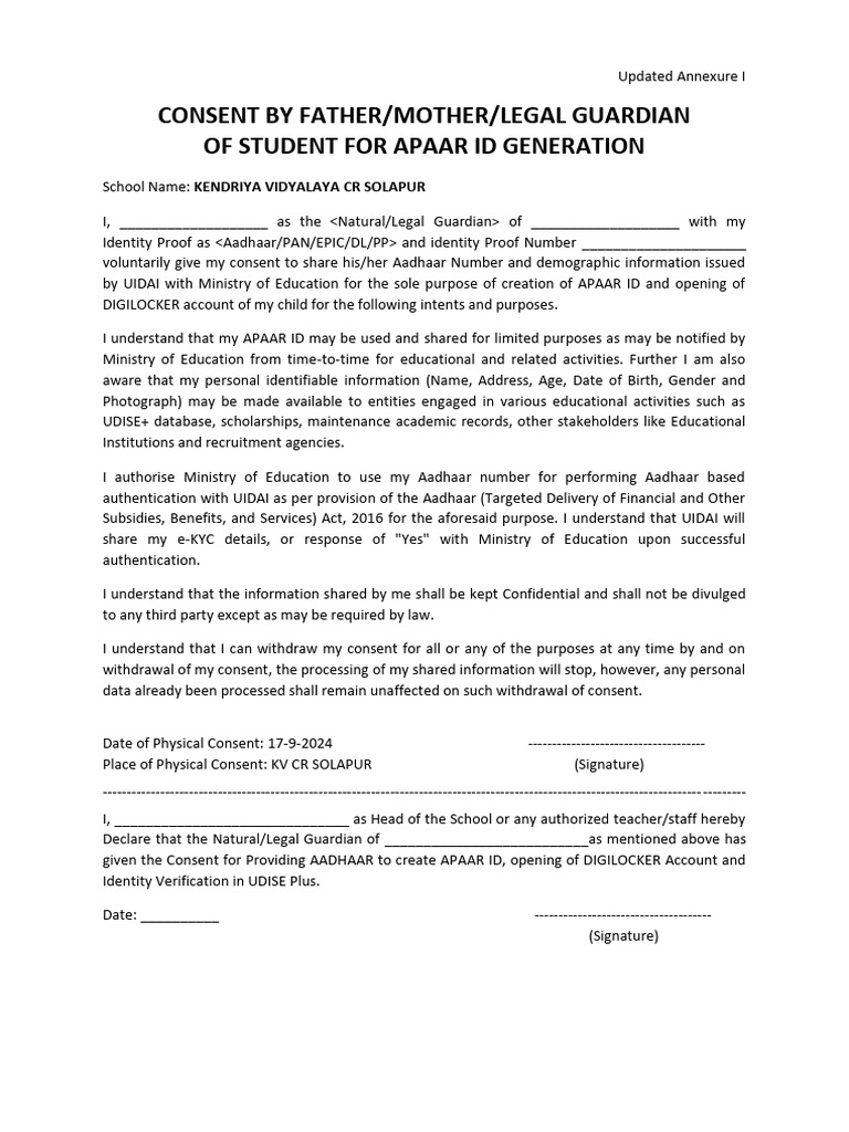 Updated Annexure I - Parent Consent | PDF