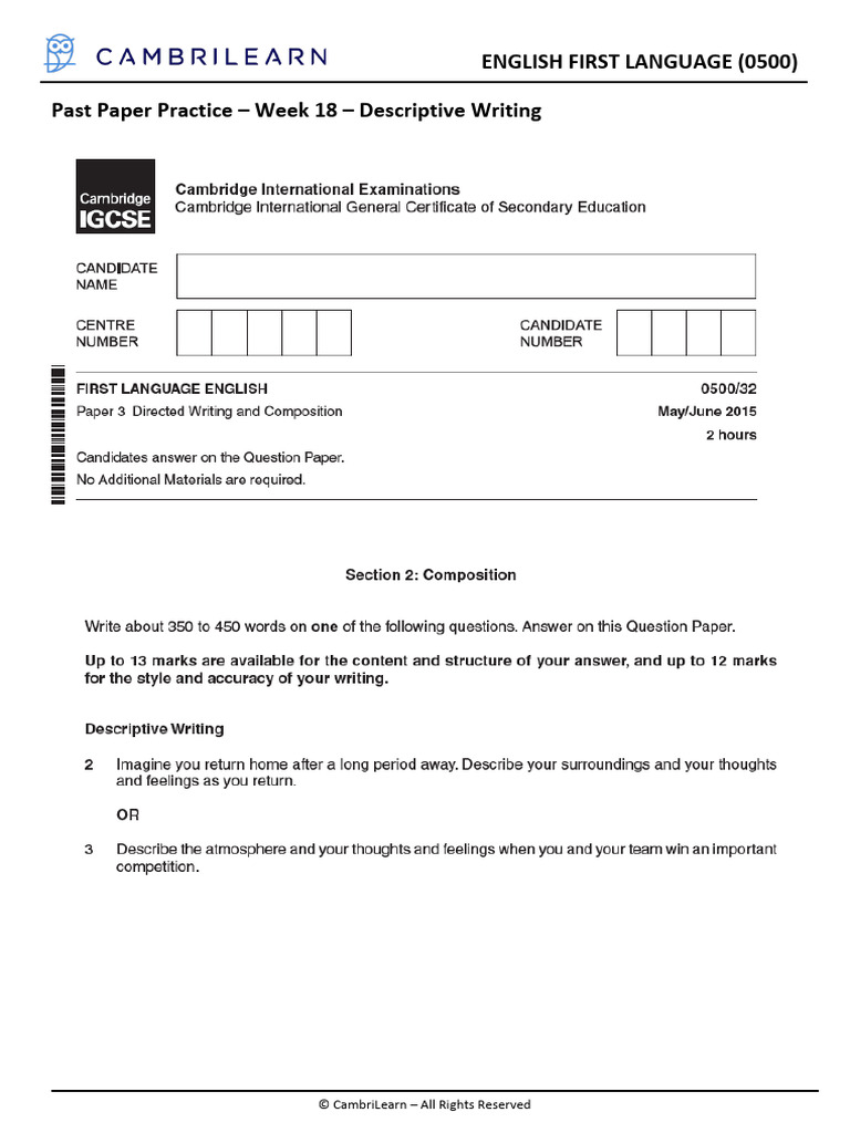 Past Paper Practice - Descriptive Writing | PDF