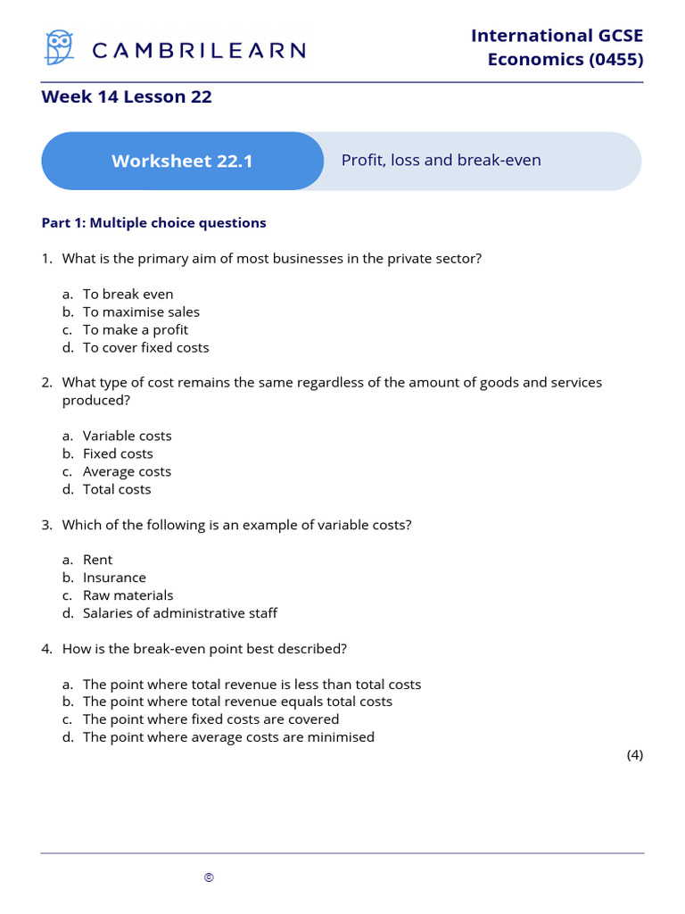 Worksheet 22.1 - Profit, Loss and Break-Even | PDF