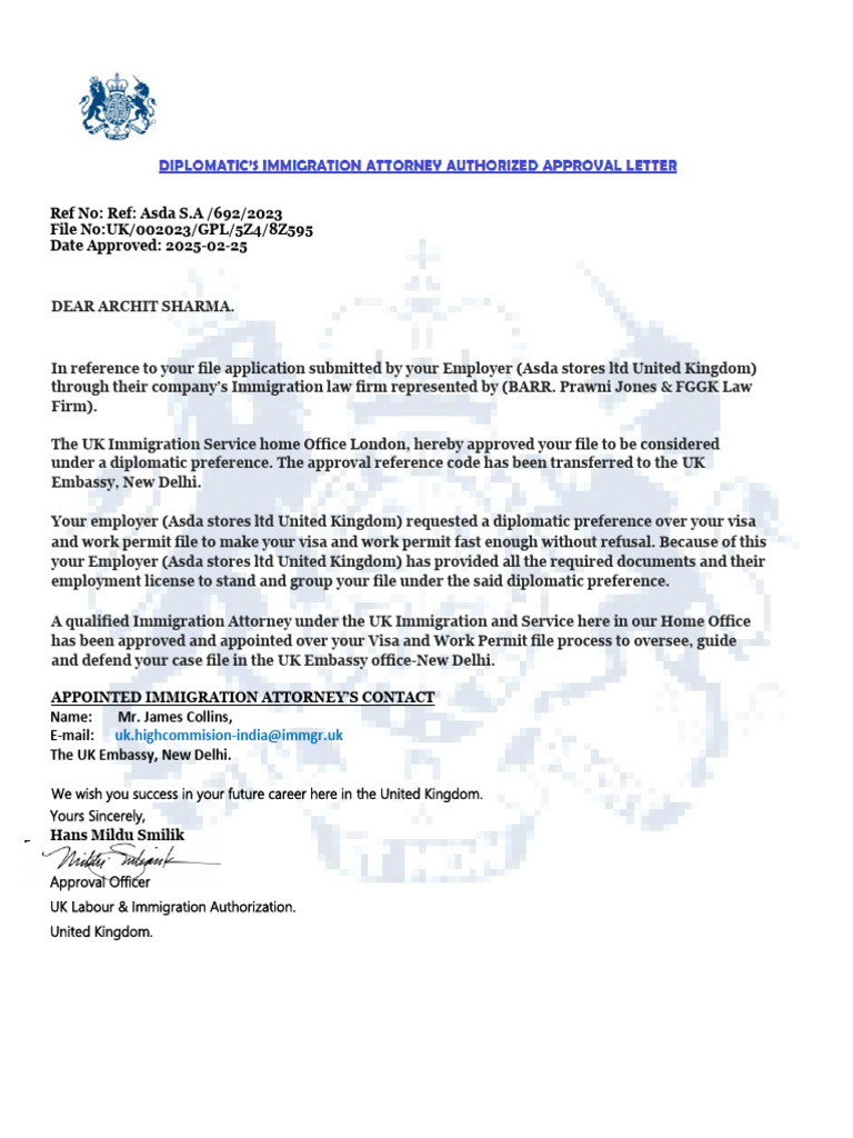 Diplomatic Immigration Attorney Authorized Approbal Letter | PDF