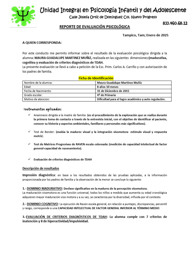 Evaluación Psicológica de Maura Martínez | PDF | Desorden hiperactivo y ...