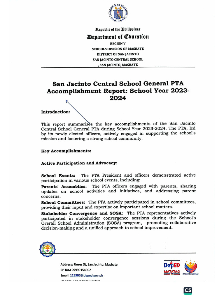 PTA Accomplishment Report - SJCS | PDF