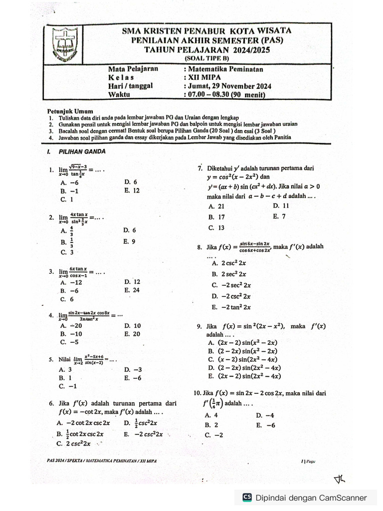 Soal + Pembahasan PAS Matmin Tipe B | PDF
