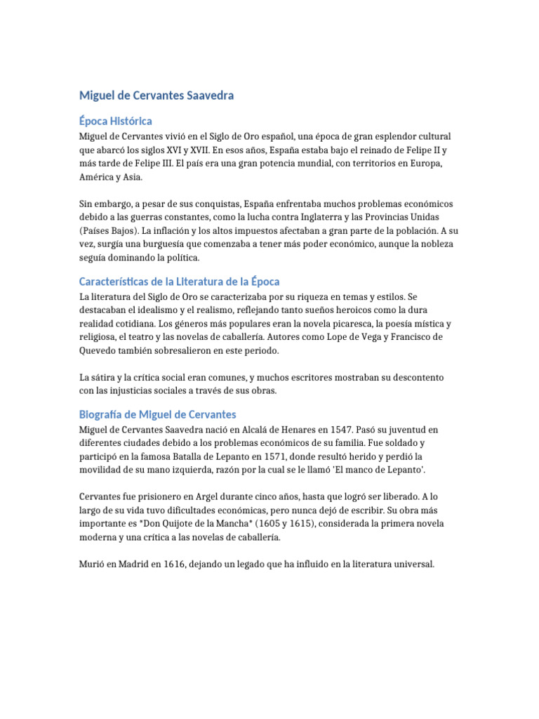 Miguel de Cervantes: Vida y Obras | PDF | Miguel De Cervantes | Novelas
