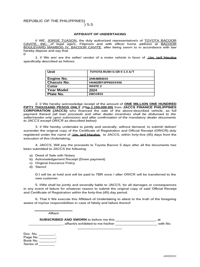 LTO UNDERTAKING JACCS - Lim, Jaril Macalua | PDF | Affidavit