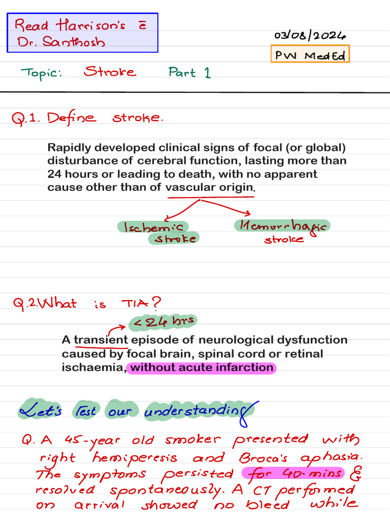 PW MedEd Medicine Stroke PDF Notes by DR Santosh Read Harrison's | PDF ...