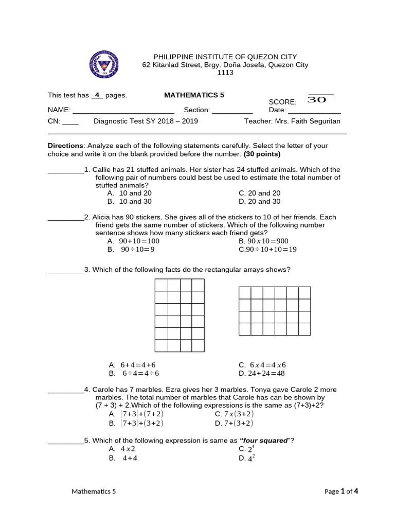 2122 - Diagnostic Test - Math 5 | PDF | Area | Mathematics