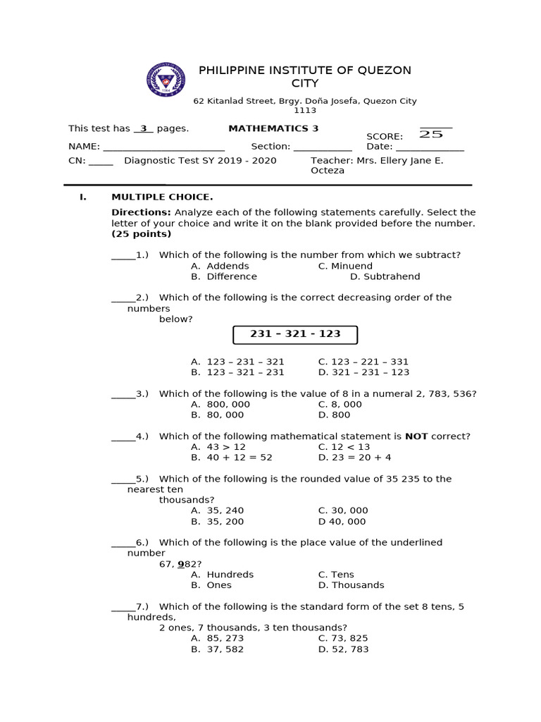 2122 - Diagnostic Test - Math 3 | PDF | Subtraction | Arithmetic