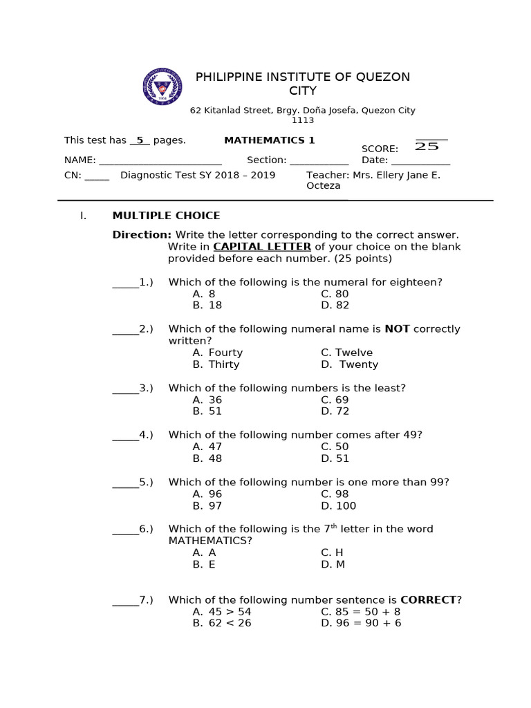 2122 - Diagnostic Test - Math 1 | PDF