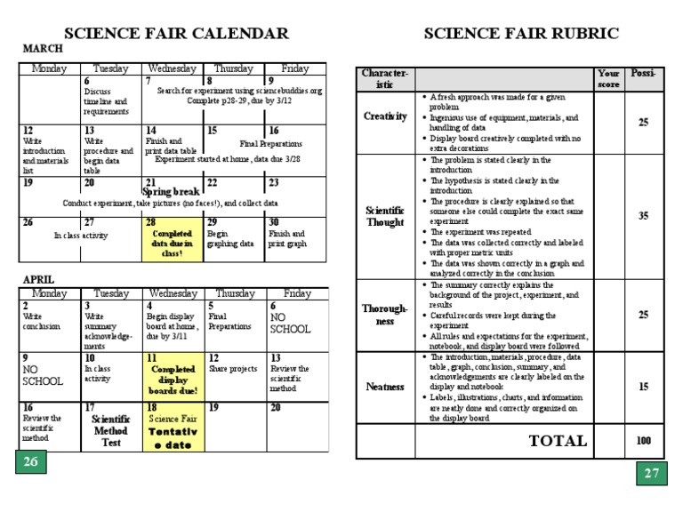 Science Fair Calendar and Rubric Guide | PDF