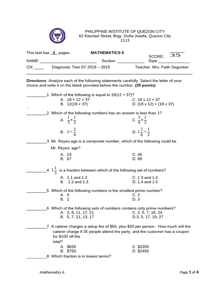 2122 - Diagnostic Test - Math 6 | PDF | Cartesian Coordinate System ...
