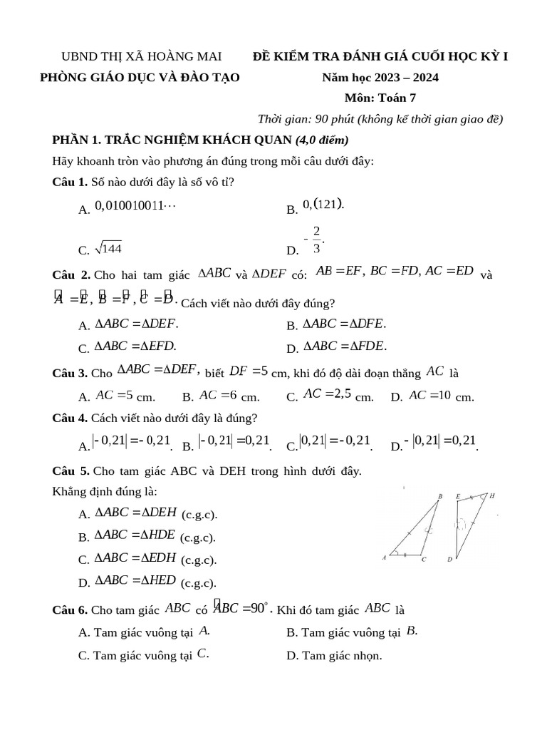 [9_KNTT] 23.24_Đề Thi CK1_Toán 7_Phòng GD&ĐT Hoàng Mai_Nghệ An | PDF