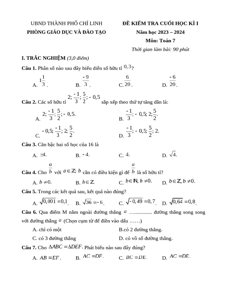 (8 - KNTT) 23.24 - Đề Thi CK1 - Toán 7 - Phòng GD&ĐT Chí Linh - Hải Dương | PDF