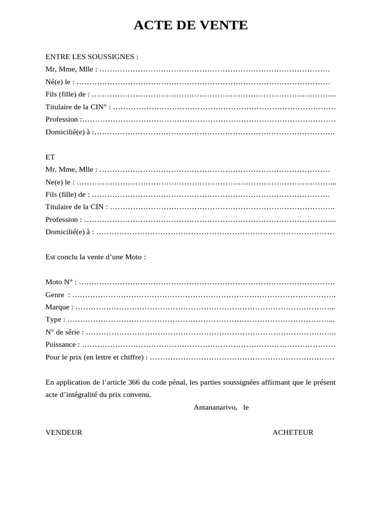 Acte de Vente Moto | PDF