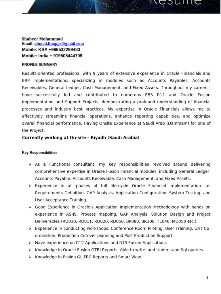 Resume - Oracle Fusion Finance Functional Consultant | PDF | Accounts ...