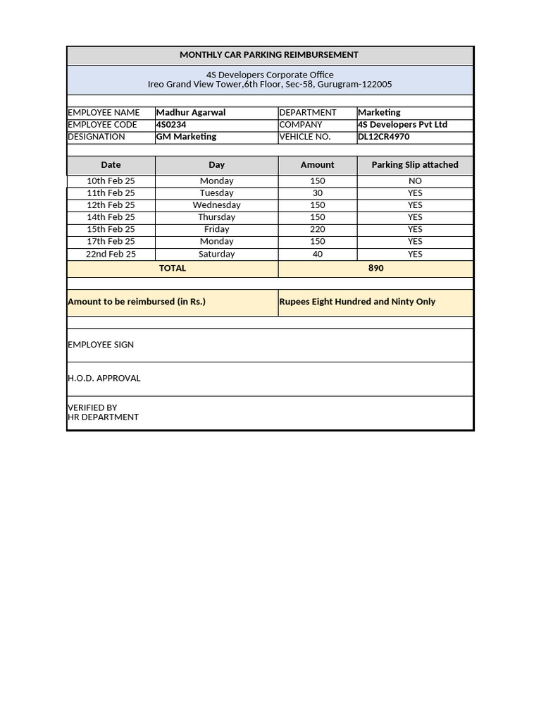 Monthly Parking Reimbursement Report | PDF