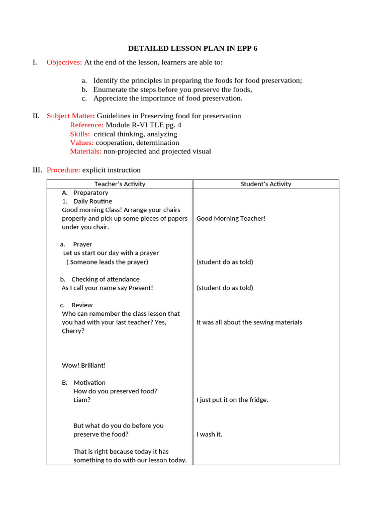 DETAILED LESSON PLAN IN EPP 6 Guidelines in Preserving | PDF | Vegetables | Food Preservation