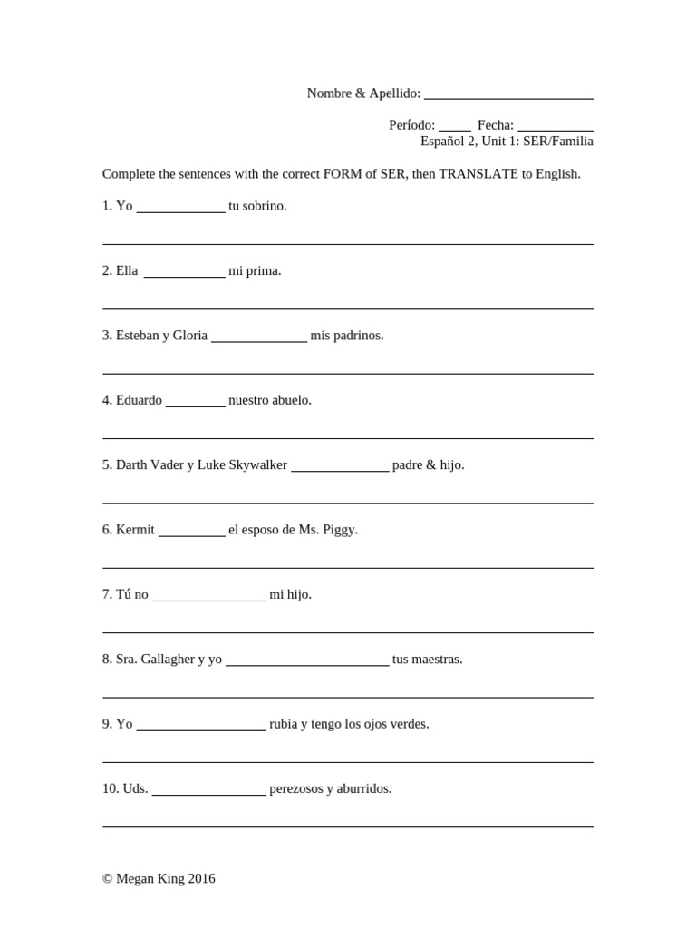 SER and Family Vocabulary Exercise | PDF