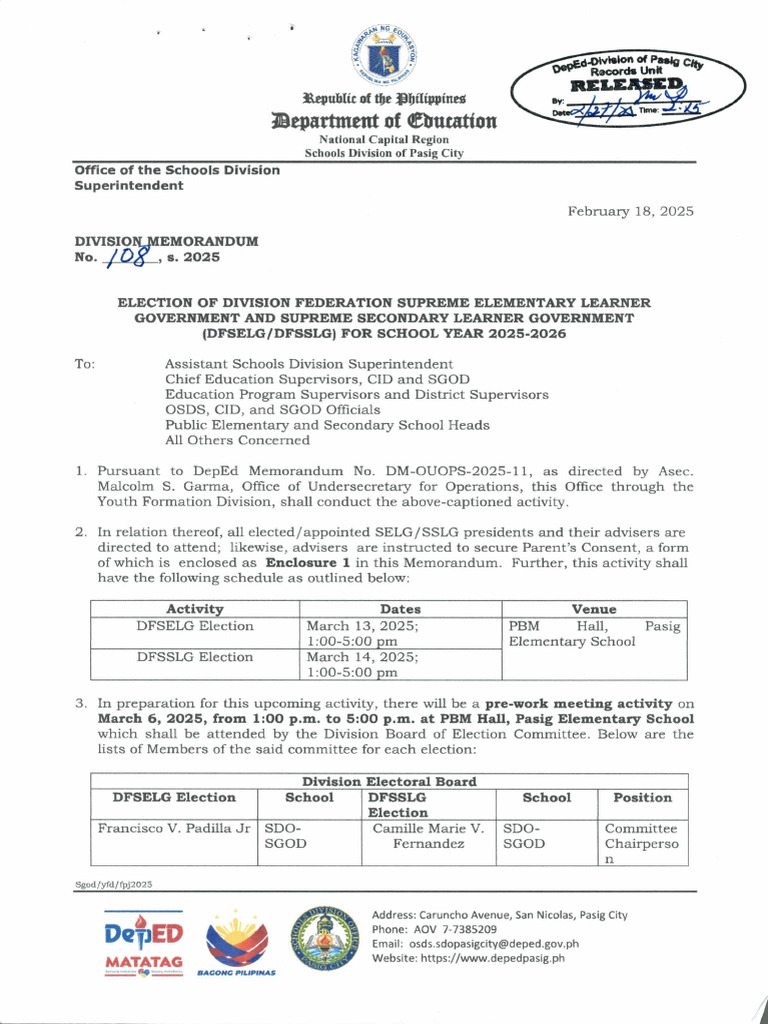 DM No. 108 S. 2025 Election of Division Federation Supreme Elementary ...