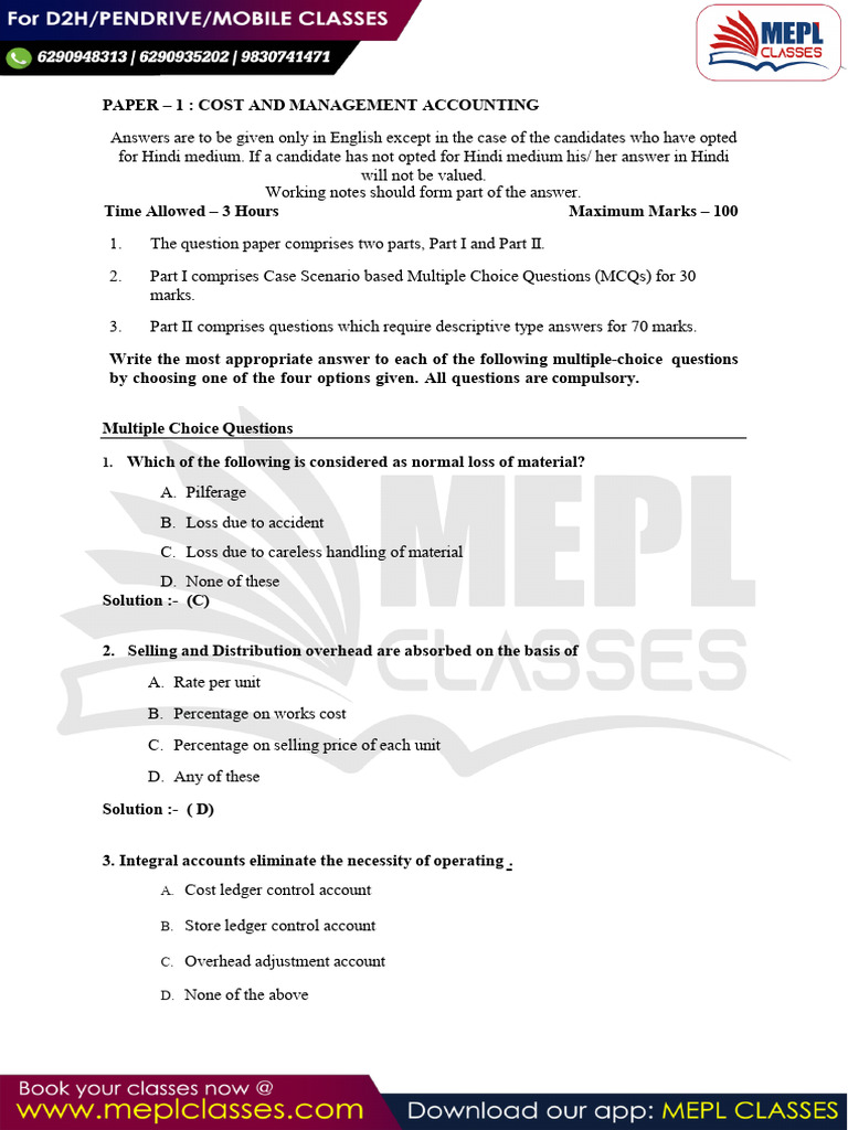 CMA Inter Cost Accounting Exam Guide | PDF | Piece Work | Wage