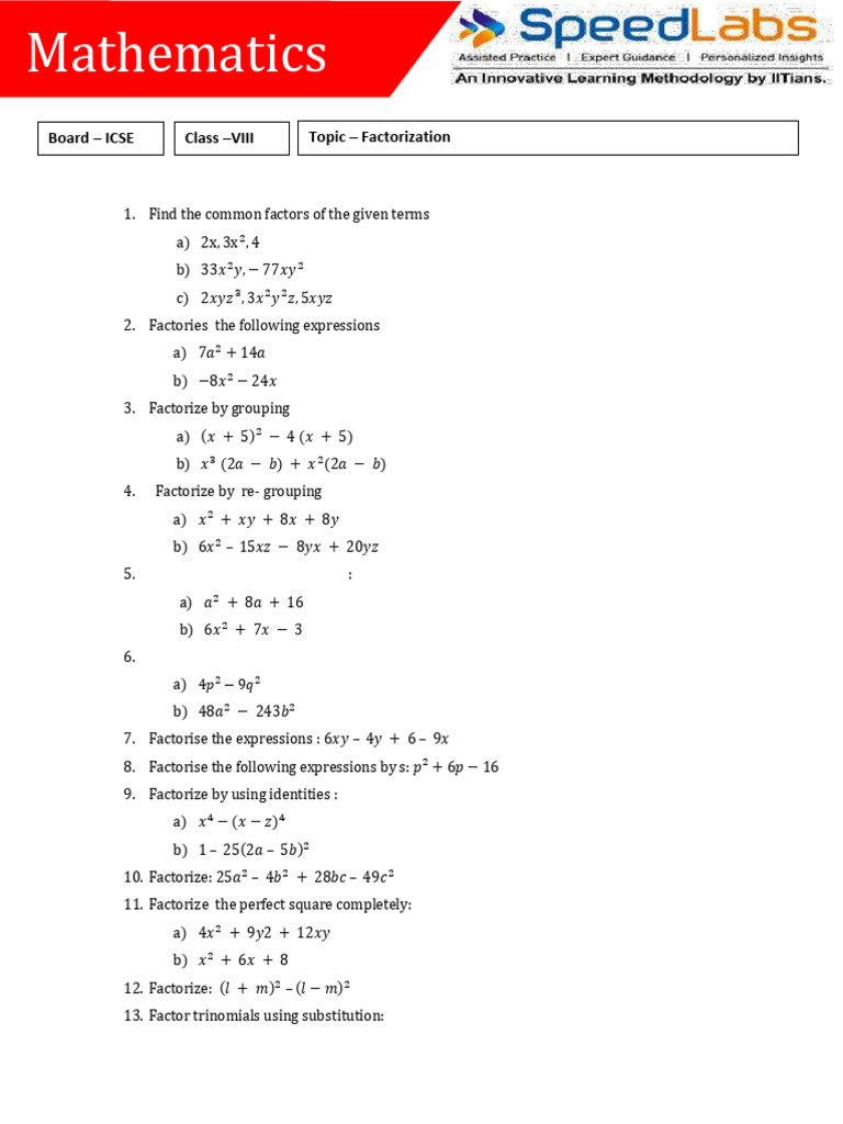 Factorisation IC Important Qs Factorisation Important Qs Worksheet ICSE ...