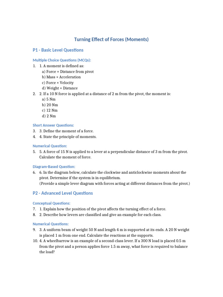 Turning Effect of Forces Questions | PDF