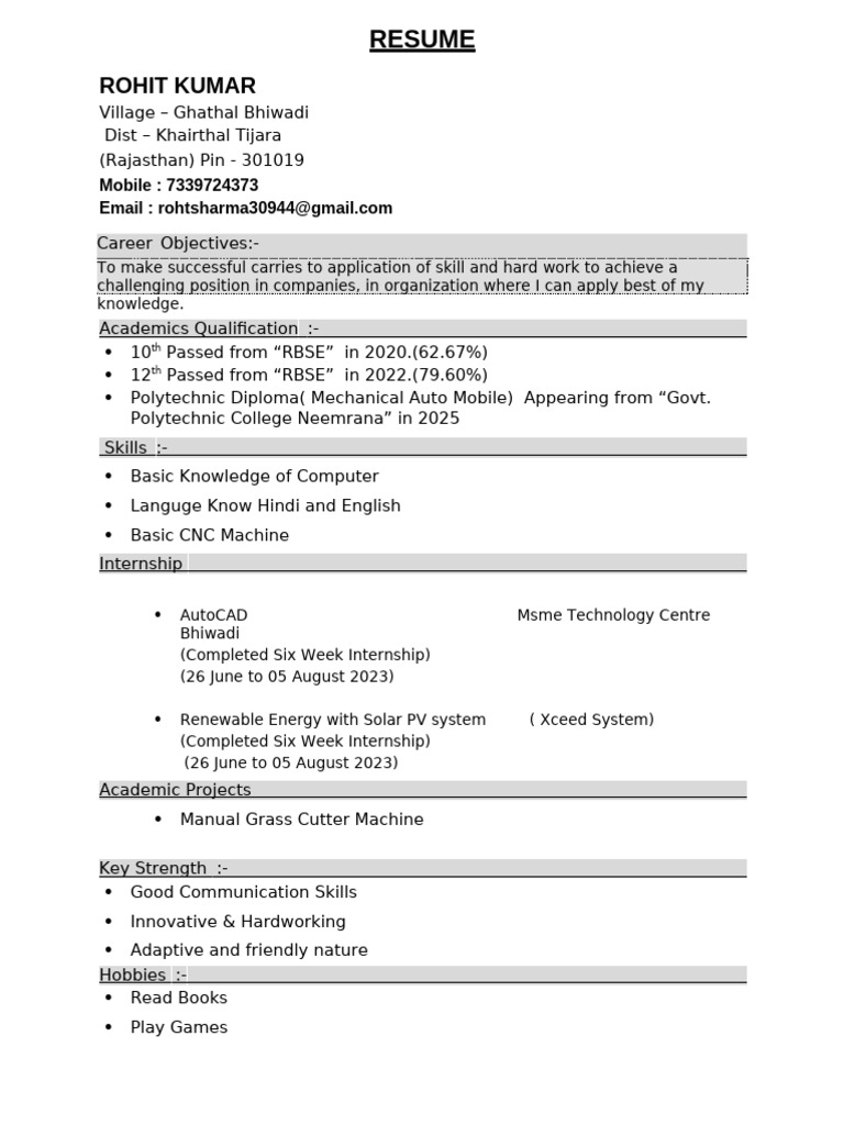 Rohit Kumar's Resume and Career Goals | PDF